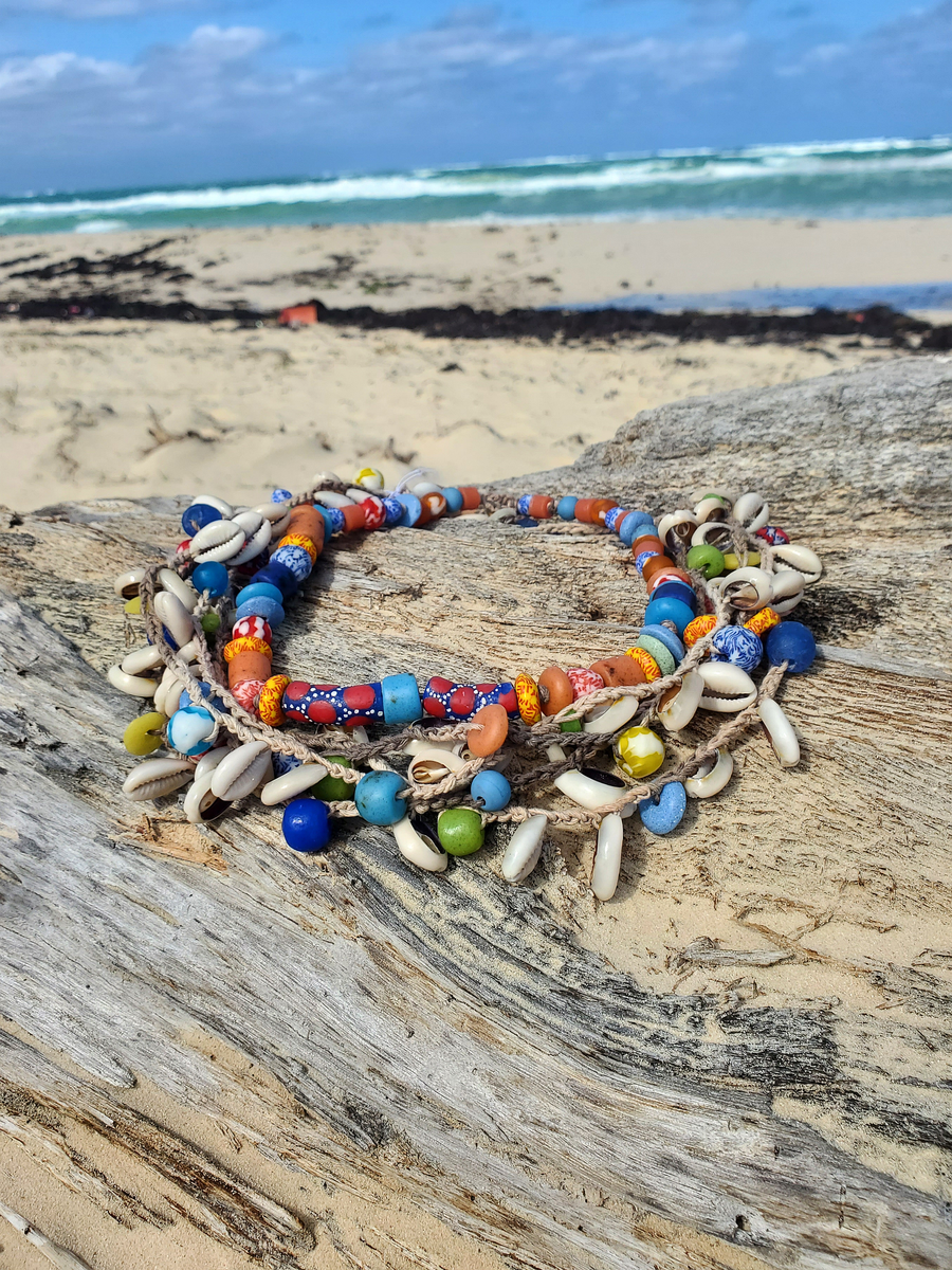 African Glass Beads with Cowrie Shells Long Necklaces ...